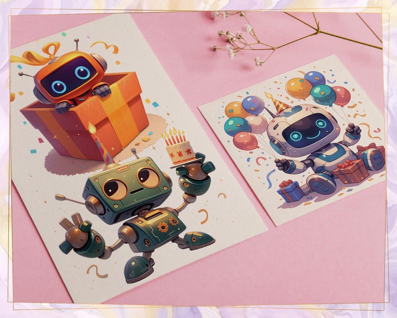Cartoon Birthday Robot Illustrations. Cute Adorable Robots Celebrating ...