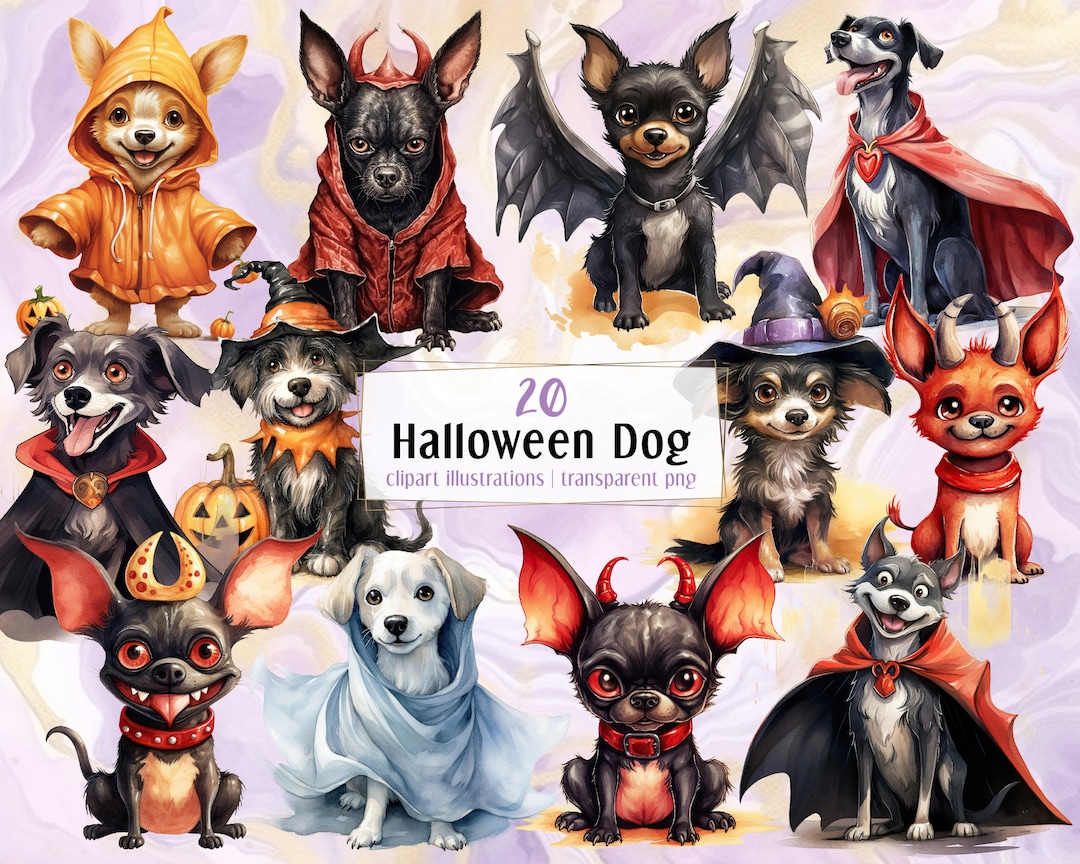 Halloween Cartoon Dogs in Costumes. Adorable Spooky Holiday Pets, Dog ...