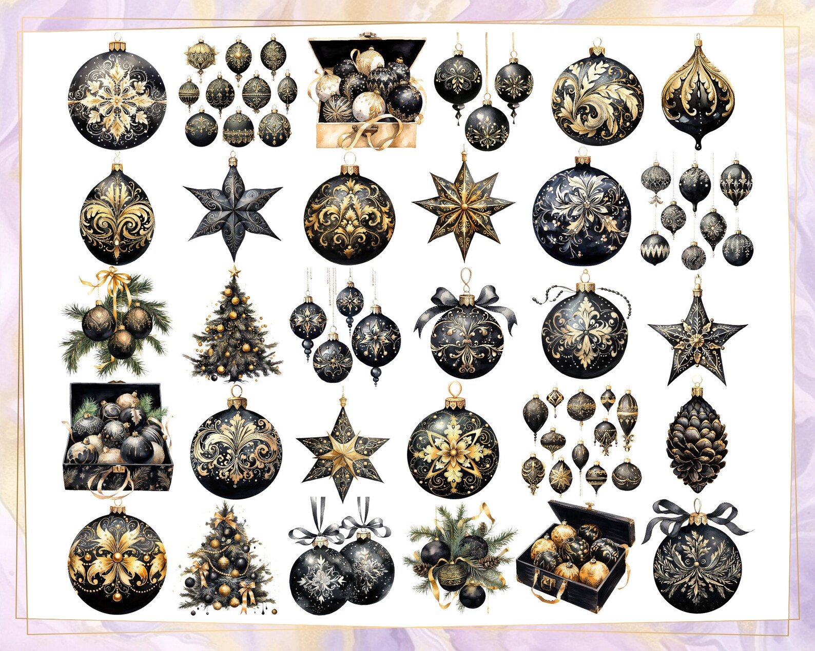 Black & Gold Christmas Ornaments. Watercolor Style Illustrations ...