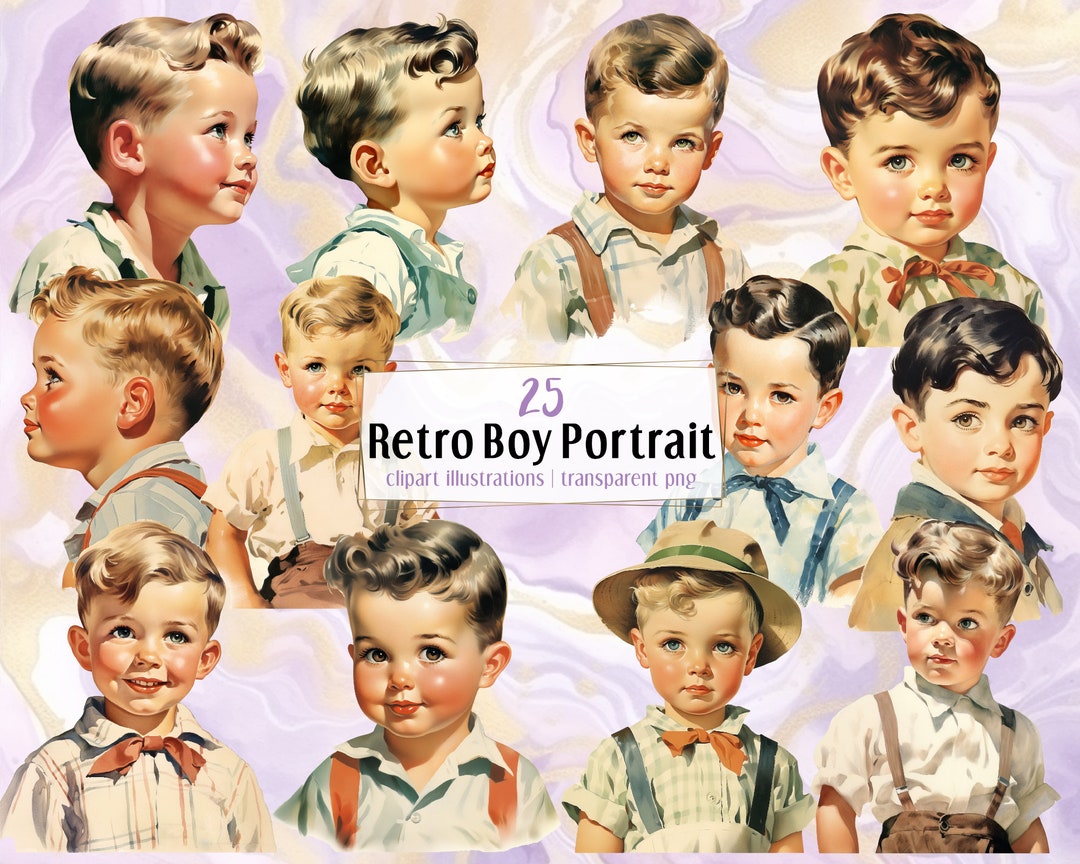 Retro Boy Portrait Illustrations. Adorable Vintage 50's Style Boys With ...