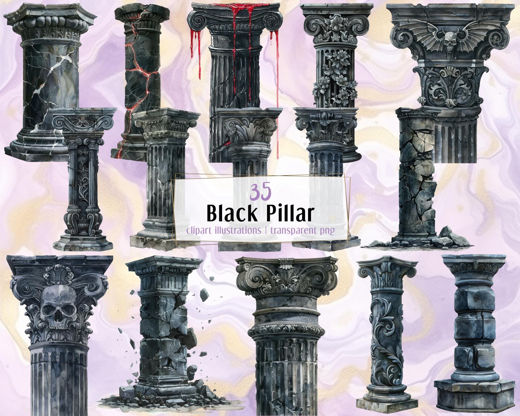 Black Pillar Illustrations. Dark Gothic Style Architecture Elements ...