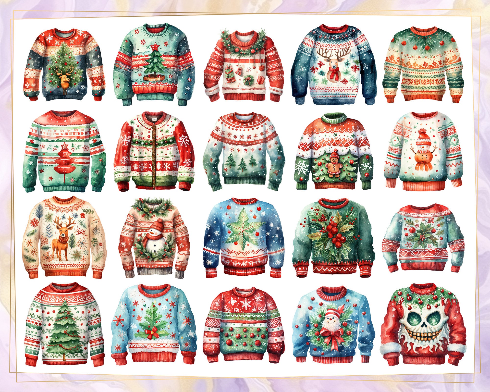 Ugly Christmas Sweater. Watercolor Style Illustrations. Festive ...