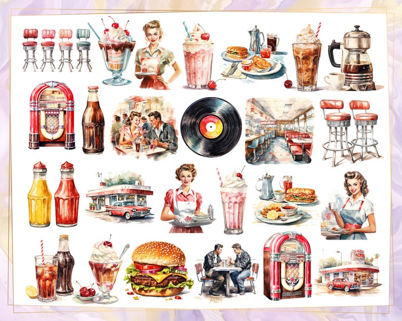 American Diner, Watercolor Style Illustrations. Retro 50's Eatery ...