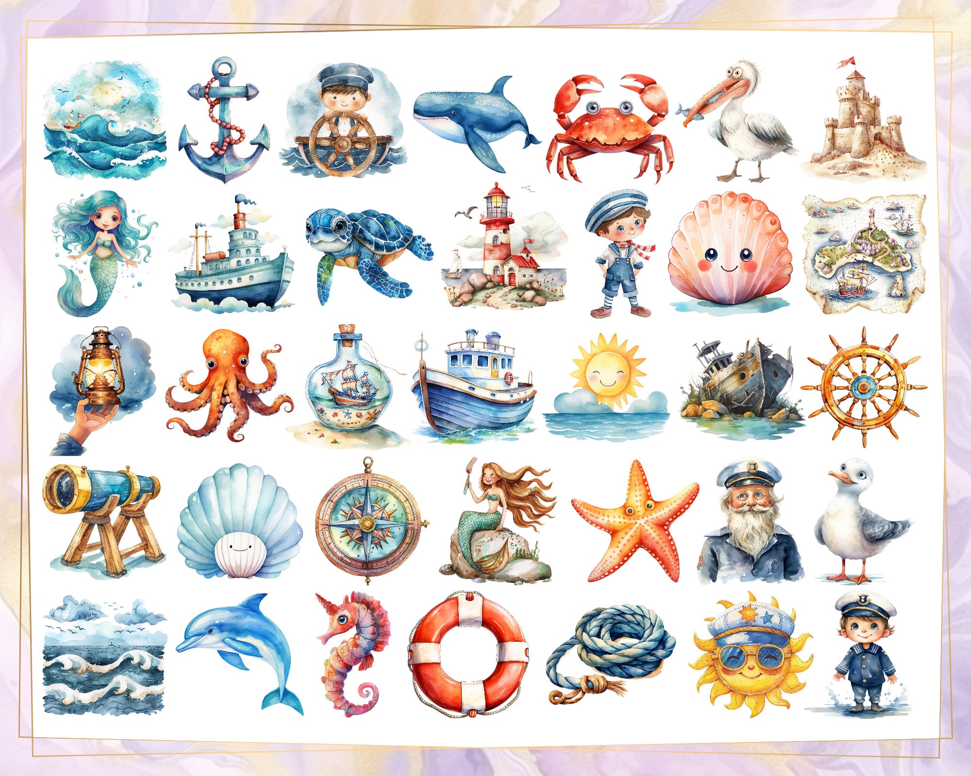 Nautical Cartoon Illustrations. Cute Sailor Kid, Ship, Maritime Objects ...