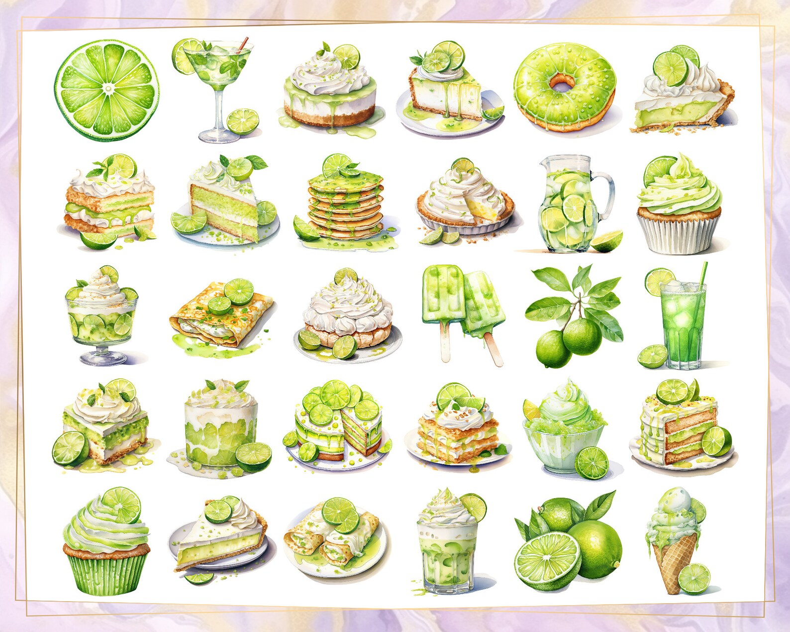 Lime Dessert. Watercolor Style Illustrations. Green Fruity Pastry, Key ...
