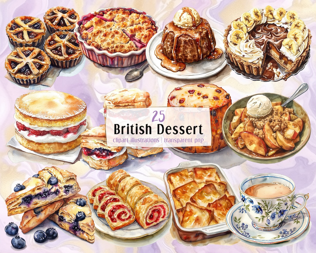 British Dessert Illustrations. Delicious Sweet English UK Food, Baked ...