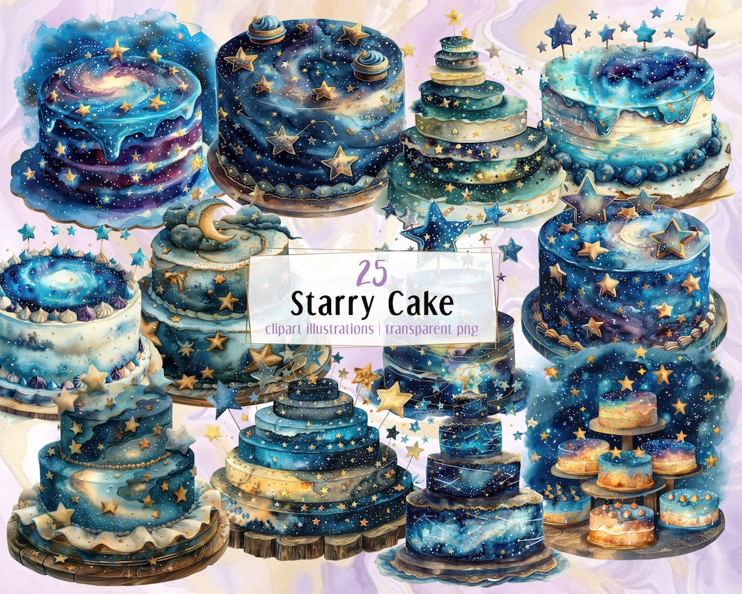 Starry Cake Illustrations. Wedding & Birthday Cakes, Fantasy Design ...