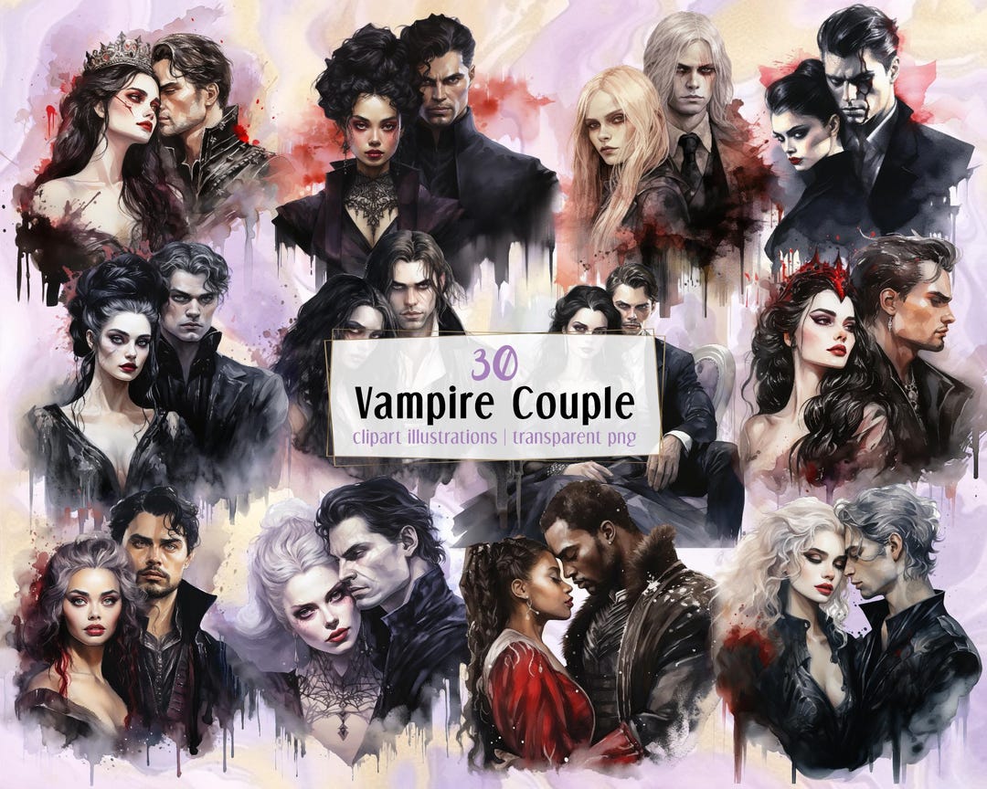 Gothic Vampire Couples, Watercolor Style Illustrations. Dark Mysterious ...