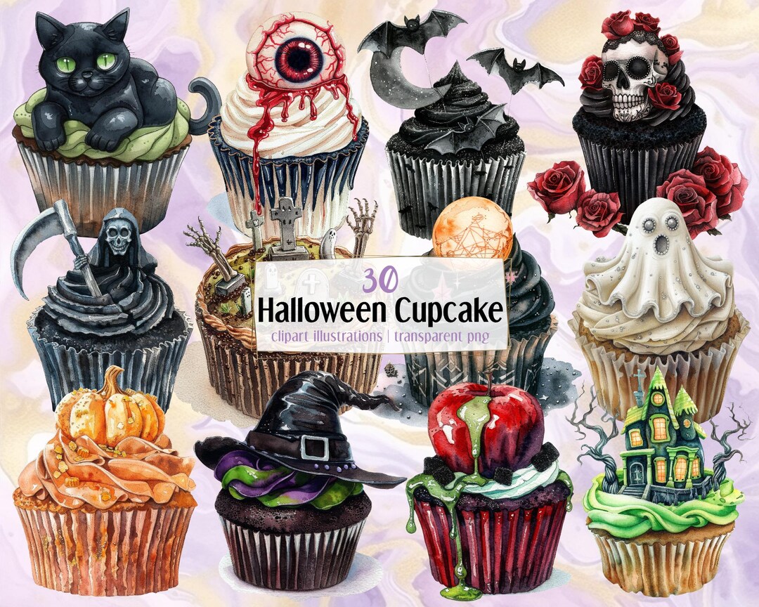 Halloween Cupcake Illustrations. Cute Spooky Designs, Holiday Horror ...