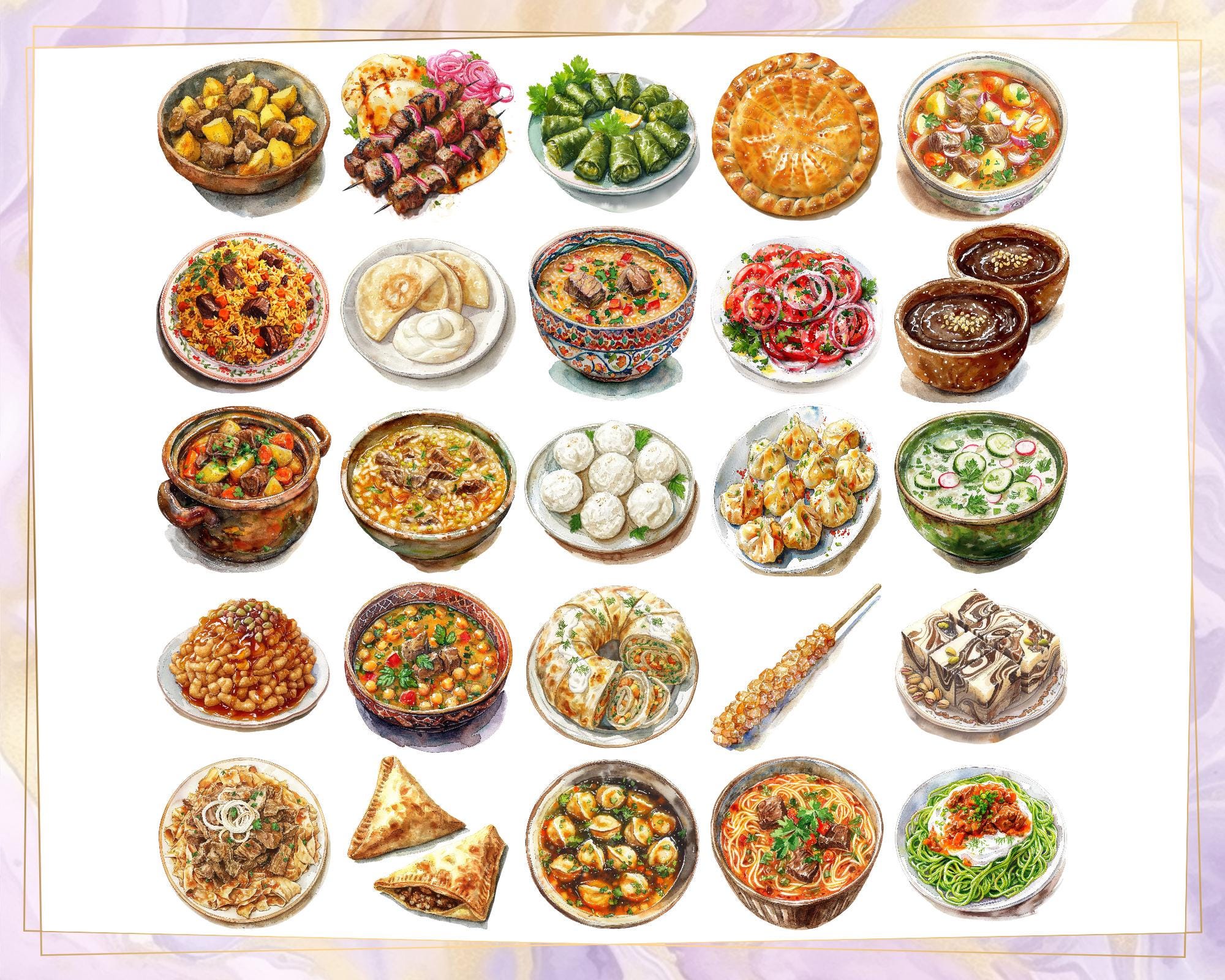 Uzbek Cuisine Illustrations. Delicious Uzbekistan Food, Plov Rice Dish ...