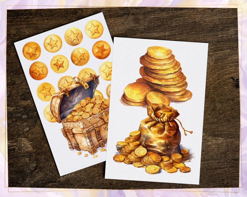 Golden Coins. Watercolor Style Illustrations. Shiny Gold Colored Metal ...