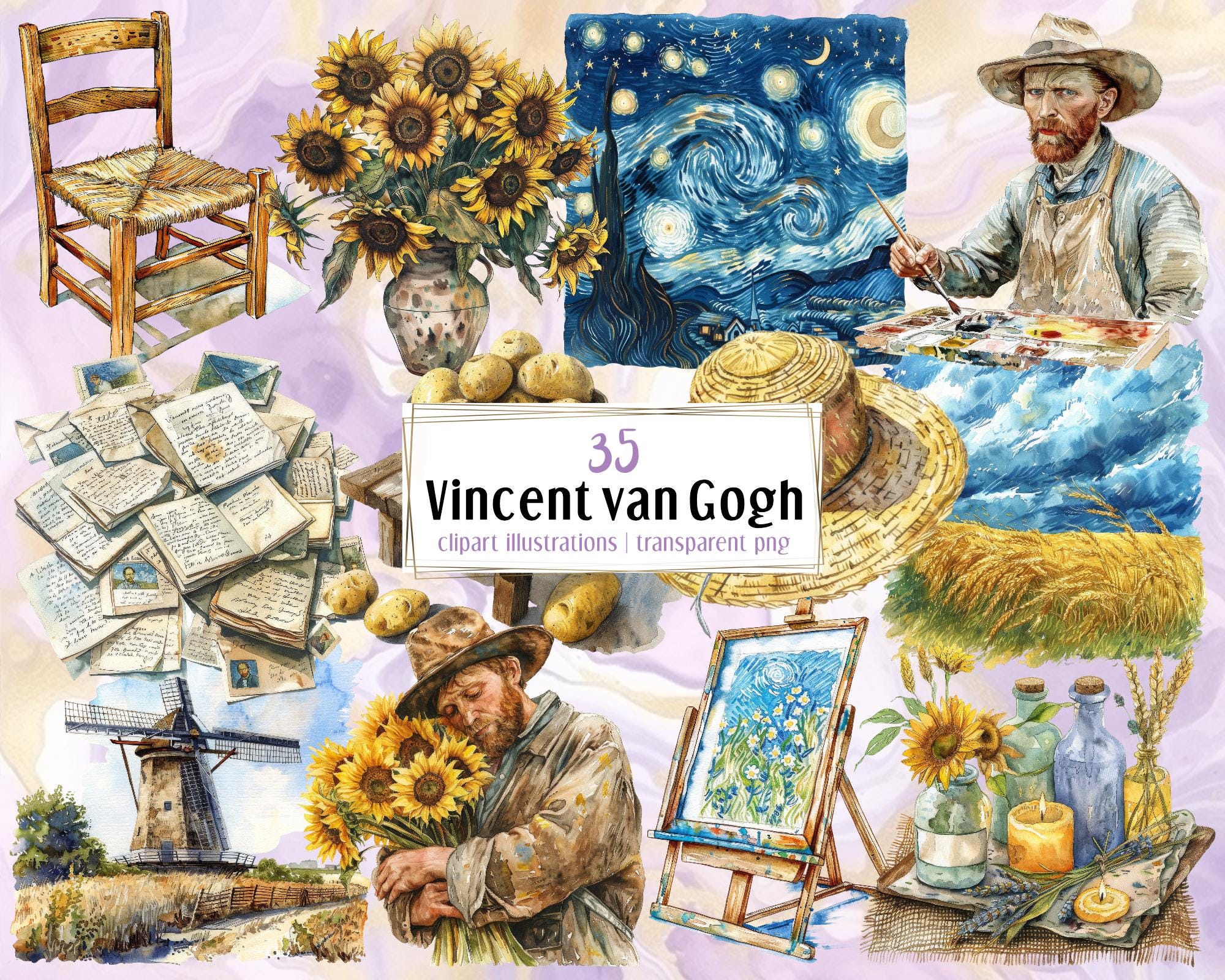 Vincent Van Gogh Illustrations. Iconic Dutch Painter Inspired Objects ...