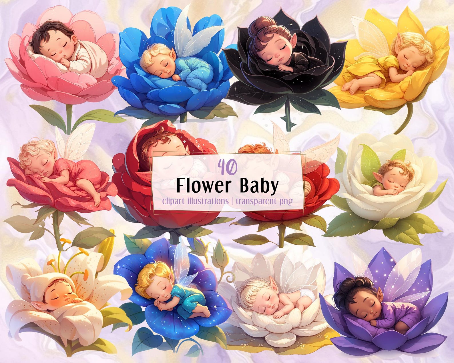 Cartoon Flower Baby Illustrations. Cute Adorable Little Pixie Babies ...