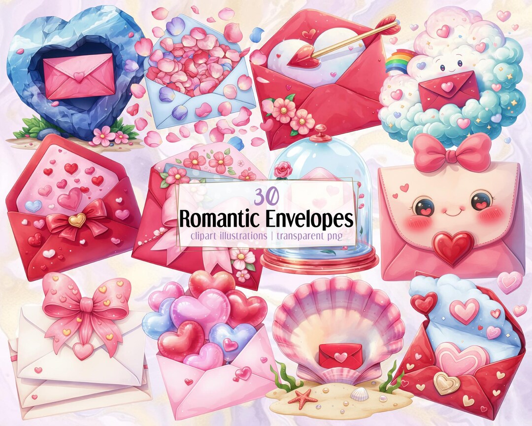 Cute Romantic Envelopes | PNG Clip Art Cartoon Illustrations. Hearts ...