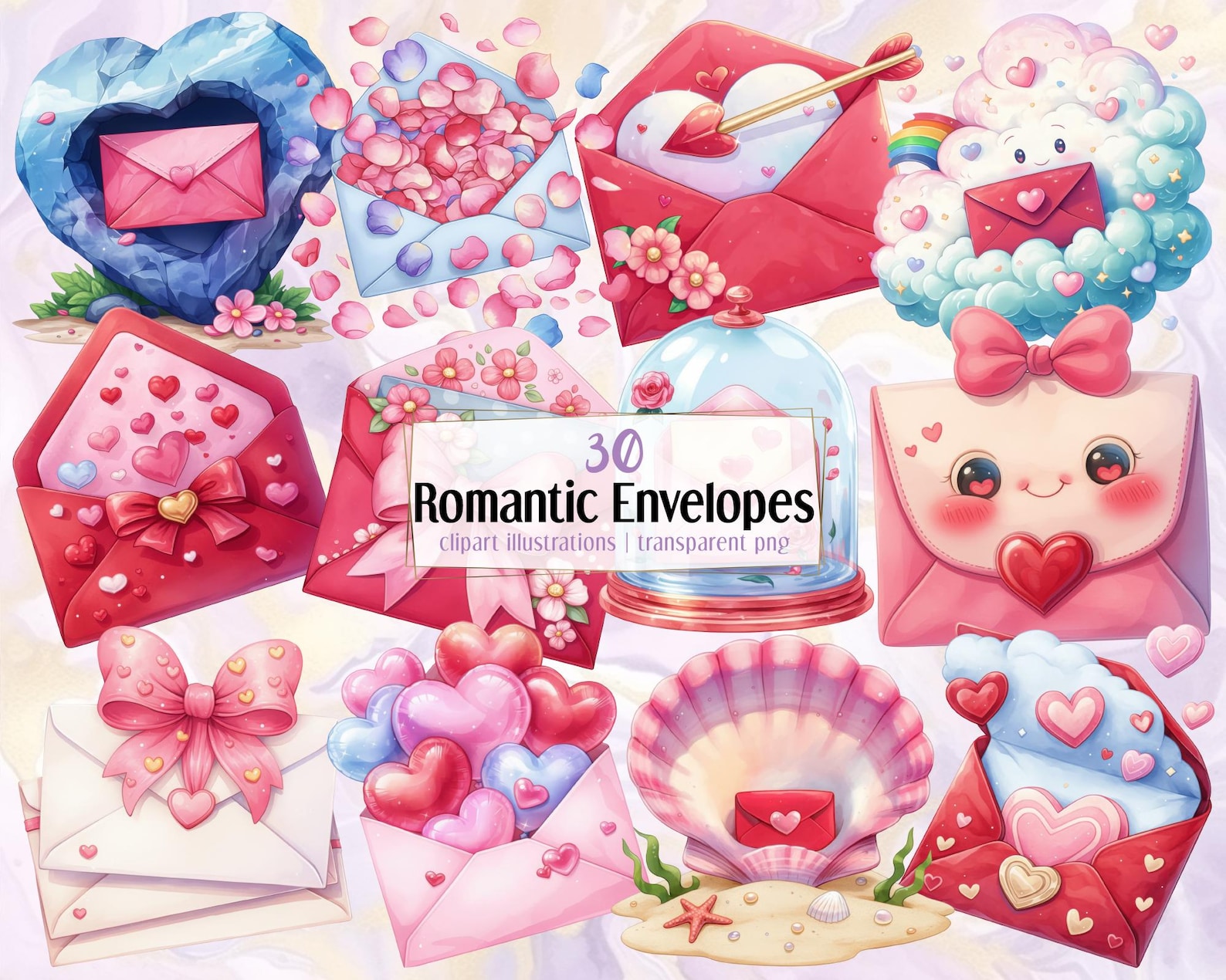 Cute Romantic Envelopes | PNG Clip Art Cartoon Illustrations. Hearts ...