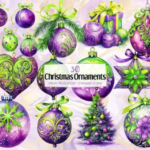 Purple & Neon Green Christmas Ornaments Illustrations. Festive ...