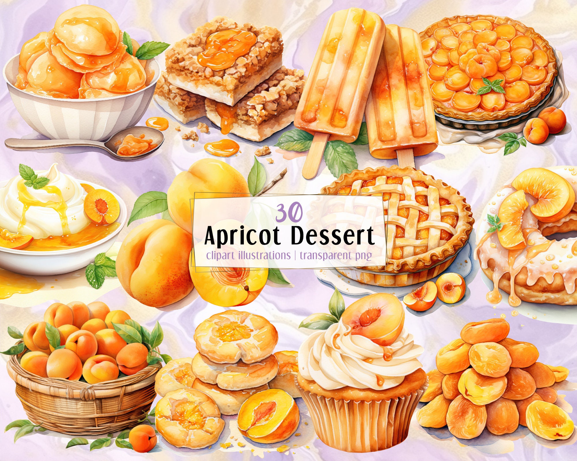 Apricot Desserts. Watercolor Style Illustrations. Spring Fruit Pastry ...