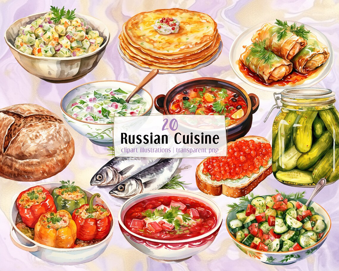 Russian Cuisine, Watercolor Style Illustrations. Delicious Traditional ...