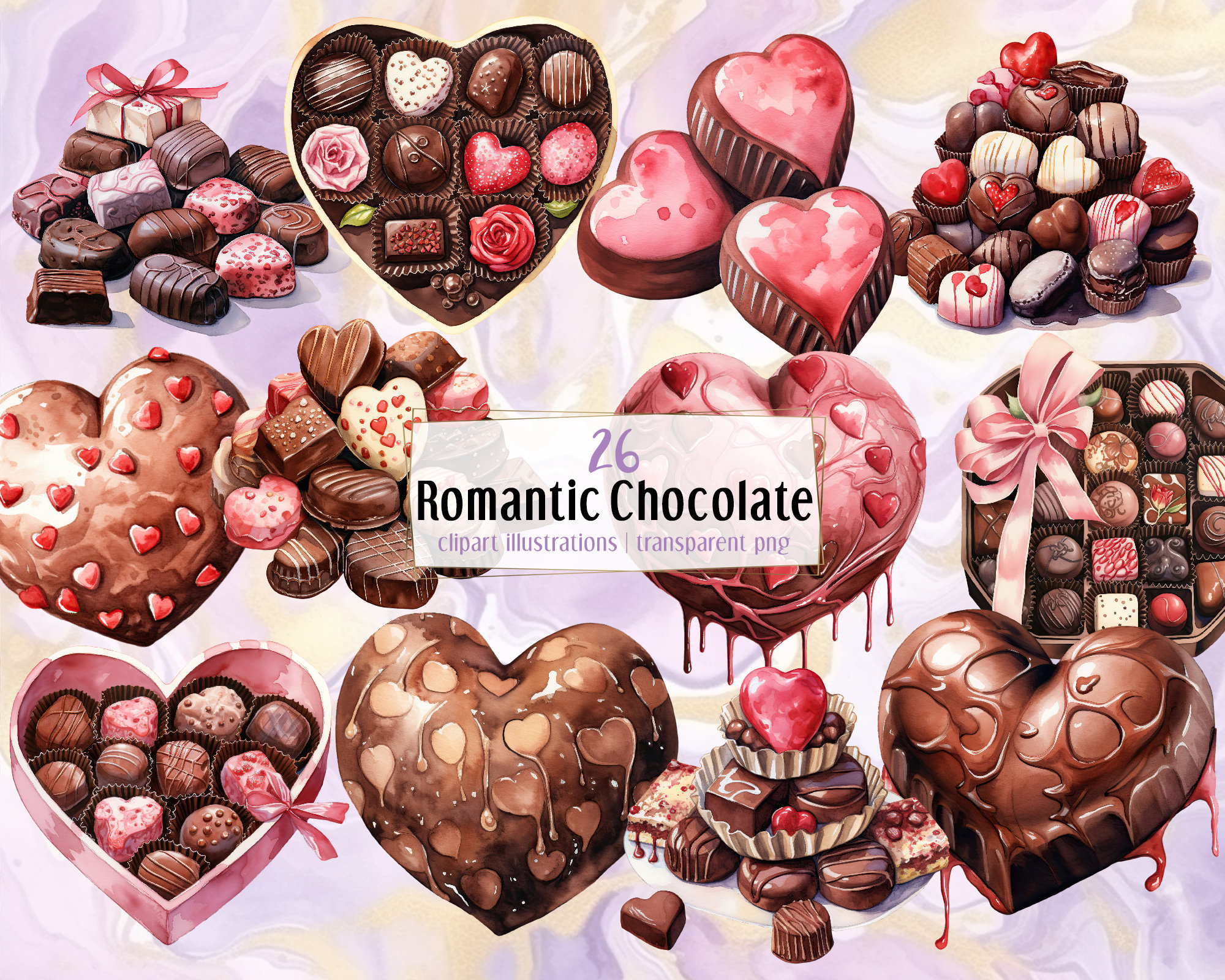 Romantic Chocolate Illustrations. Valentine's Day Dessert, Heart Shaped ...