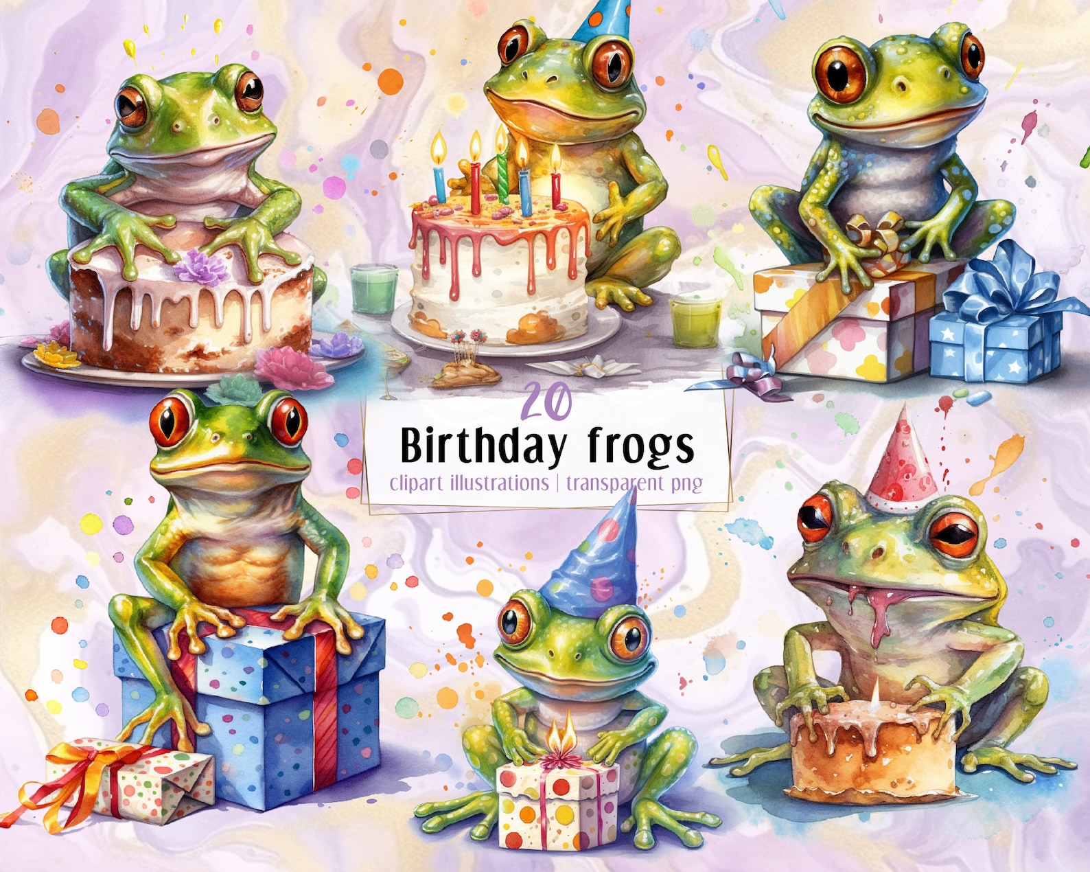 Birthday Party Frog, Watercolor Style Colorful Illustrations. Cute ...