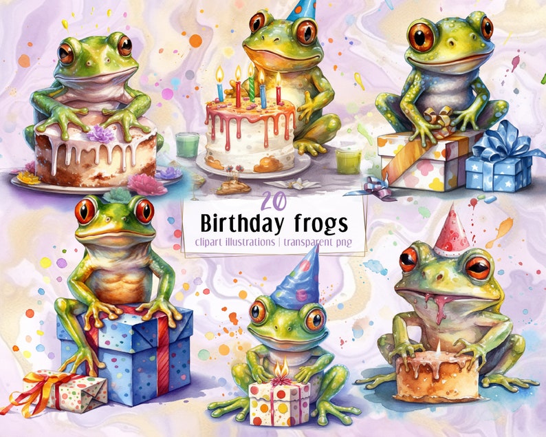 Birthday Party Frog, Watercolor Style Colorful Illustrations. Cute ...