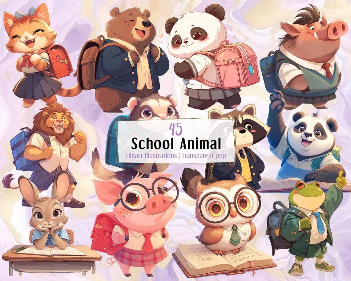 Cartoon School Animal Illustrations. Cute Adorable Animals and Pets ...