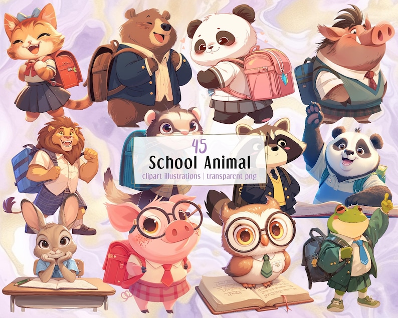 Cartoon School Animal Illustrations. Cute Adorable Animals and Pets ...
