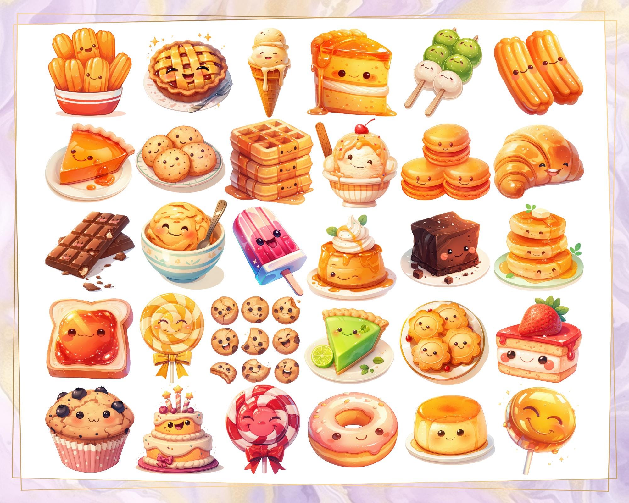Cute Cartoon Dessert Illustrations. Simple Kawaii Treats With Adorable ...