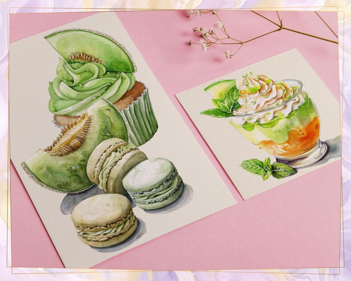 Melon Dessert Illustrations. Honeydew and Cantaloupe Fruit Flavored ...