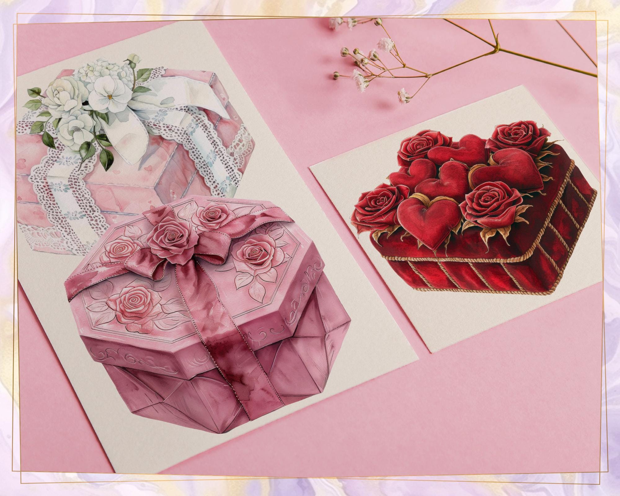 Romantic Gift Boxes Illustrations. Cute Decorated Valentine's Day Gifts ...