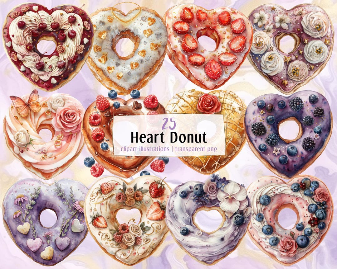 Heart Shaped Donut Illustrations. Delicious Decorated Romantic ...