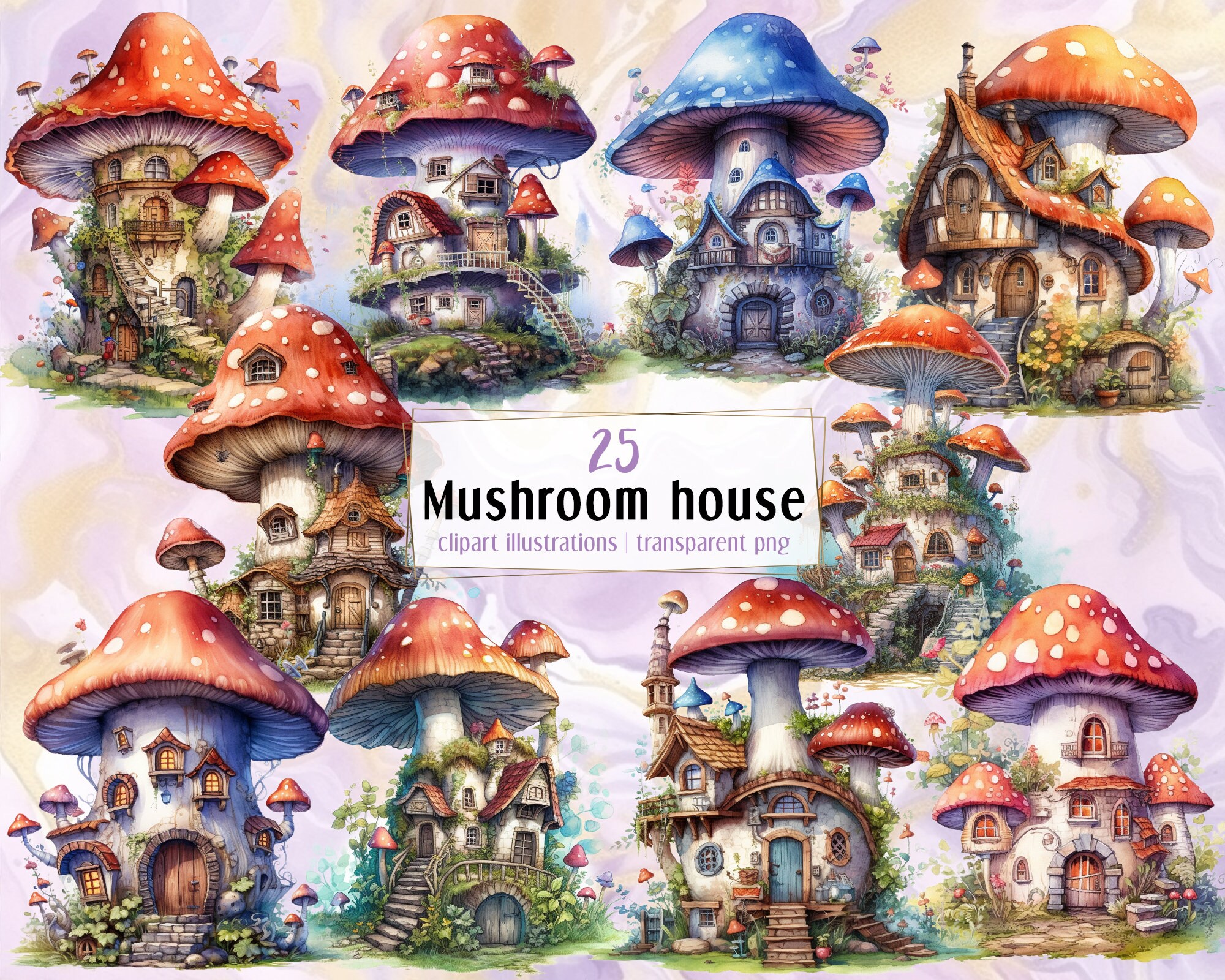 Mushroom House. Watercolor Style Illustrations. Cute, Fantasy, Fungi ...
