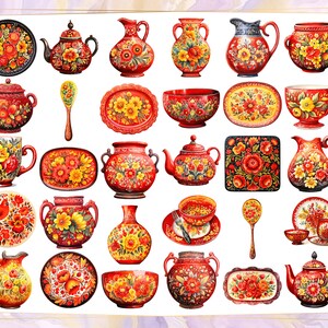 Khokhloma Tableware Illustrations. Russian Folk Style, Traditional ...
