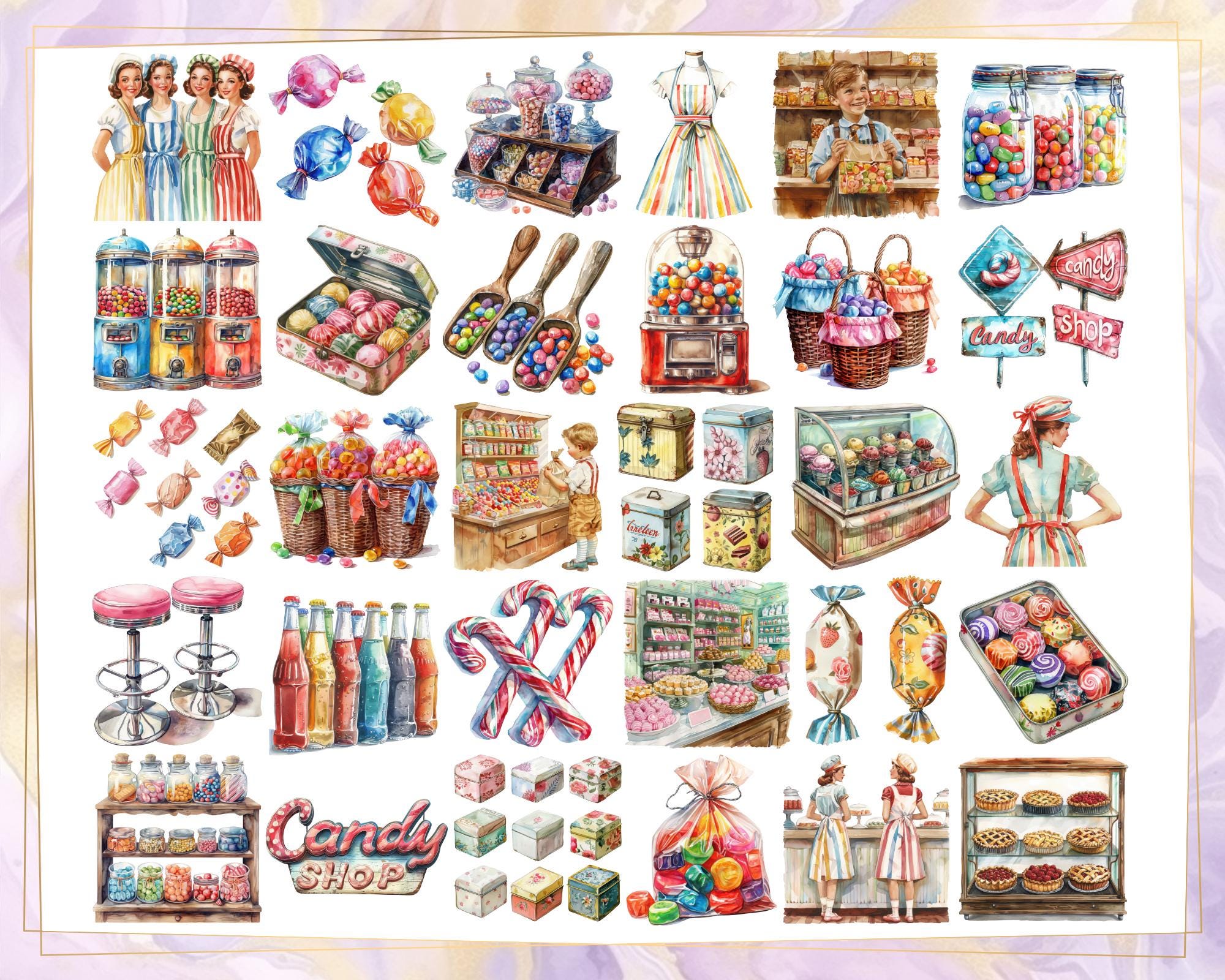 Vintage Candy Shop Illustrations. Retro 50's Style Confectionery ...