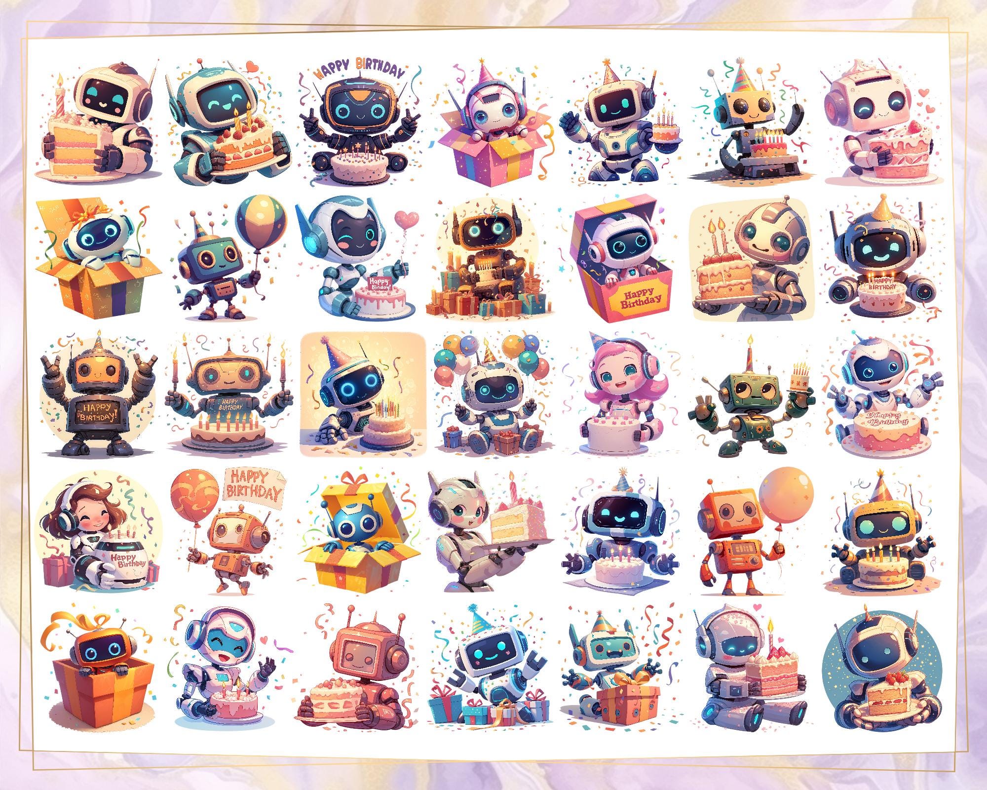 Cartoon Birthday Robot Illustrations. Cute Adorable Robots Celebrating ...
