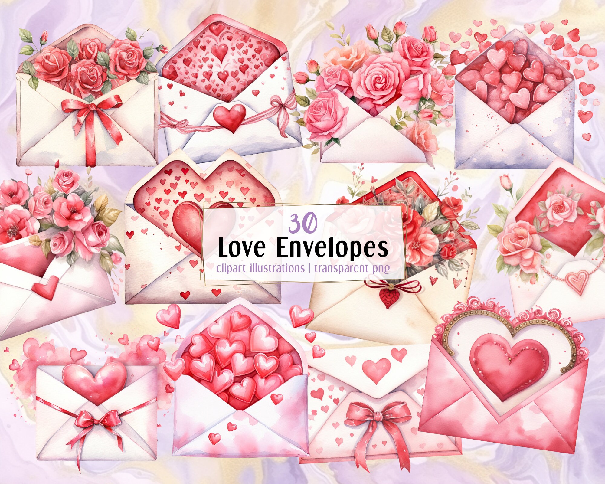 Love Envelope. Watercolor Style Illustrations. Romantic Hearts and Pink ...