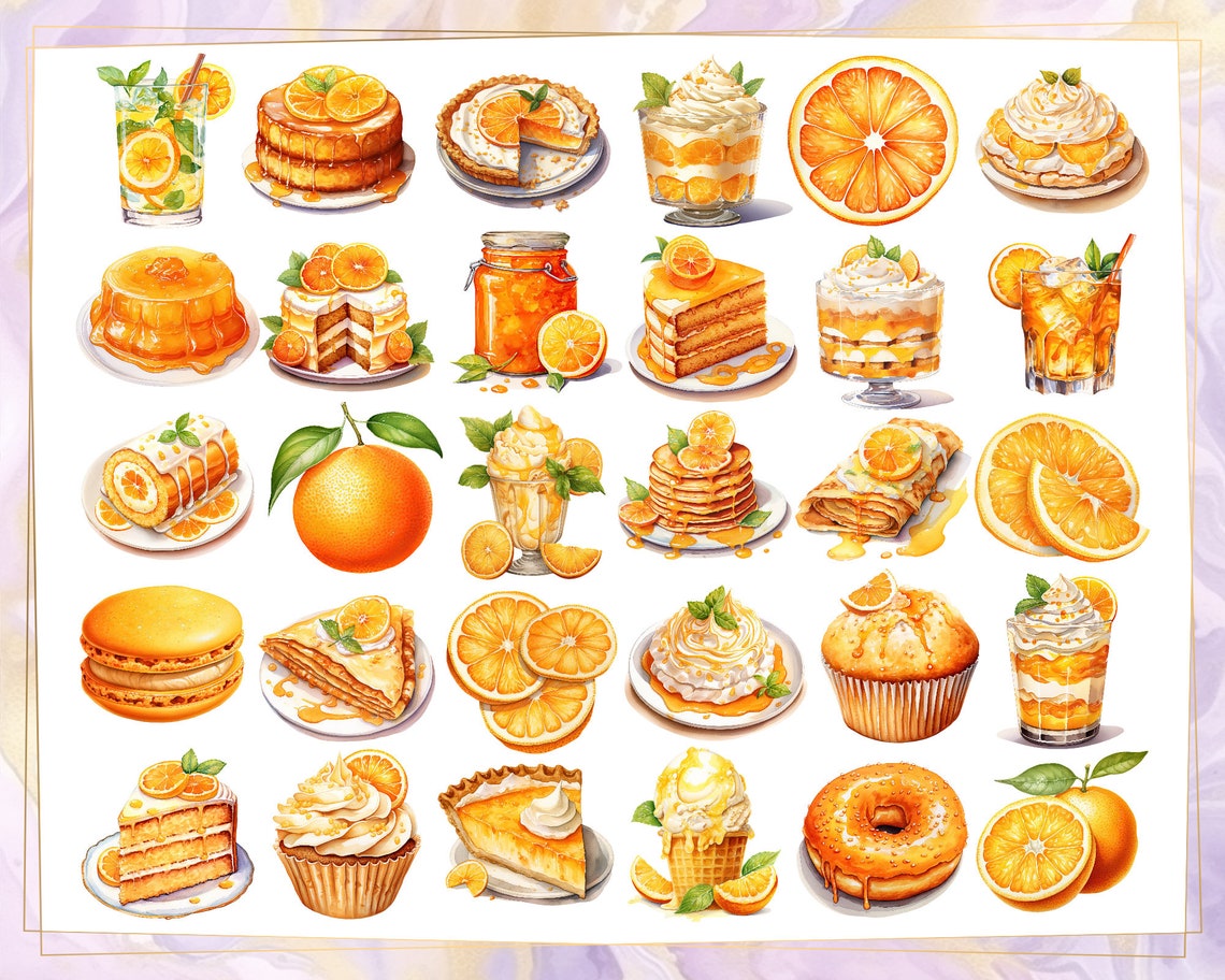 Orange Fruit Desserts. Watercolor Style Illustrations. Oranges, Citrus ...