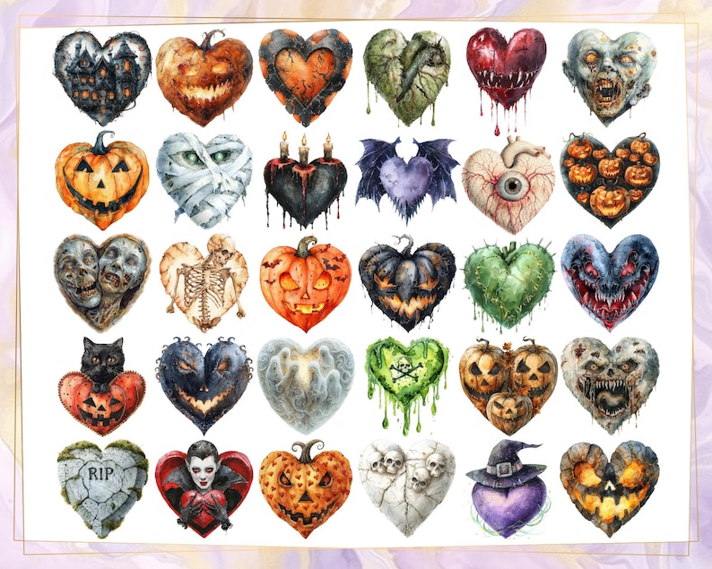 Spooky Hearts Illustrations. Halloween Themed Heart Shaped Elements ...