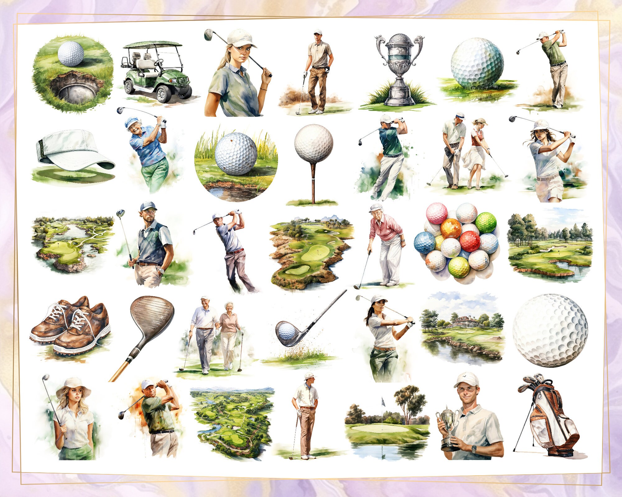 Golf Sport, Watercolor Style Illustrations. People Golfing, Golf Club ...