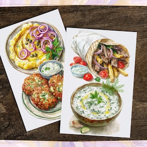 Greek Cuisine Illustrations. Delicious Food From Greece, Desserts ...