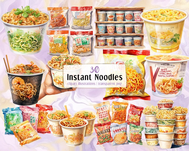 Instant Noodles. Watercolor Style Illustrations. Delicious Noodle Soup ...