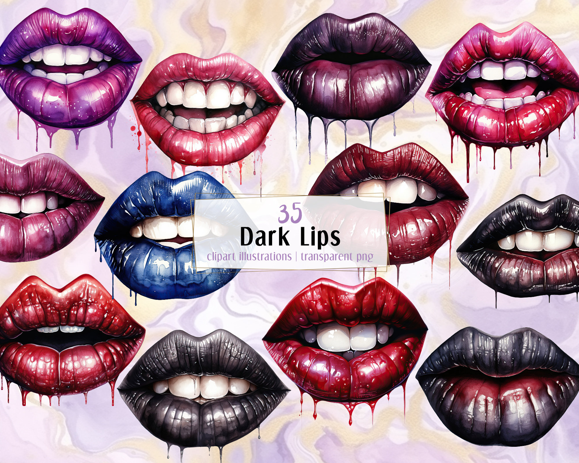Dark Lips Watercolor Style Illustrations. Gothic Shiny Full - Etsy
