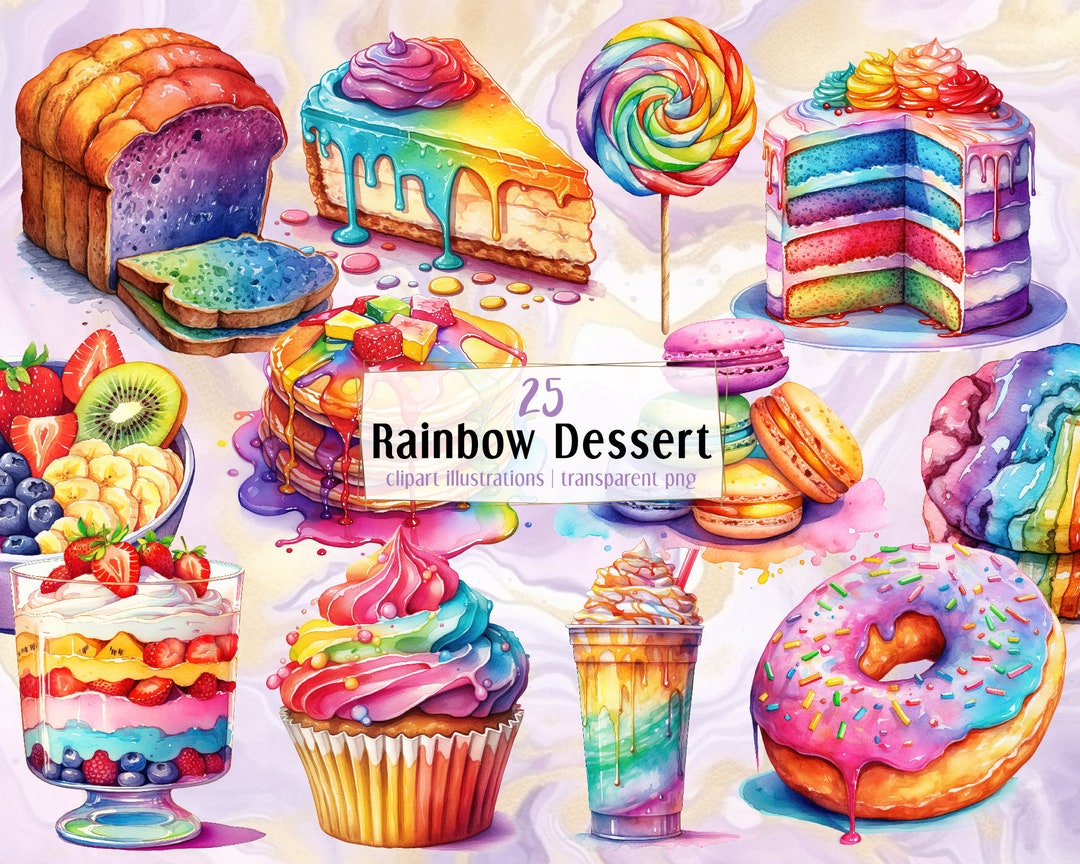 Rainbow Colored Desserts. Watercolor Style Illustrations. Colorful ...
