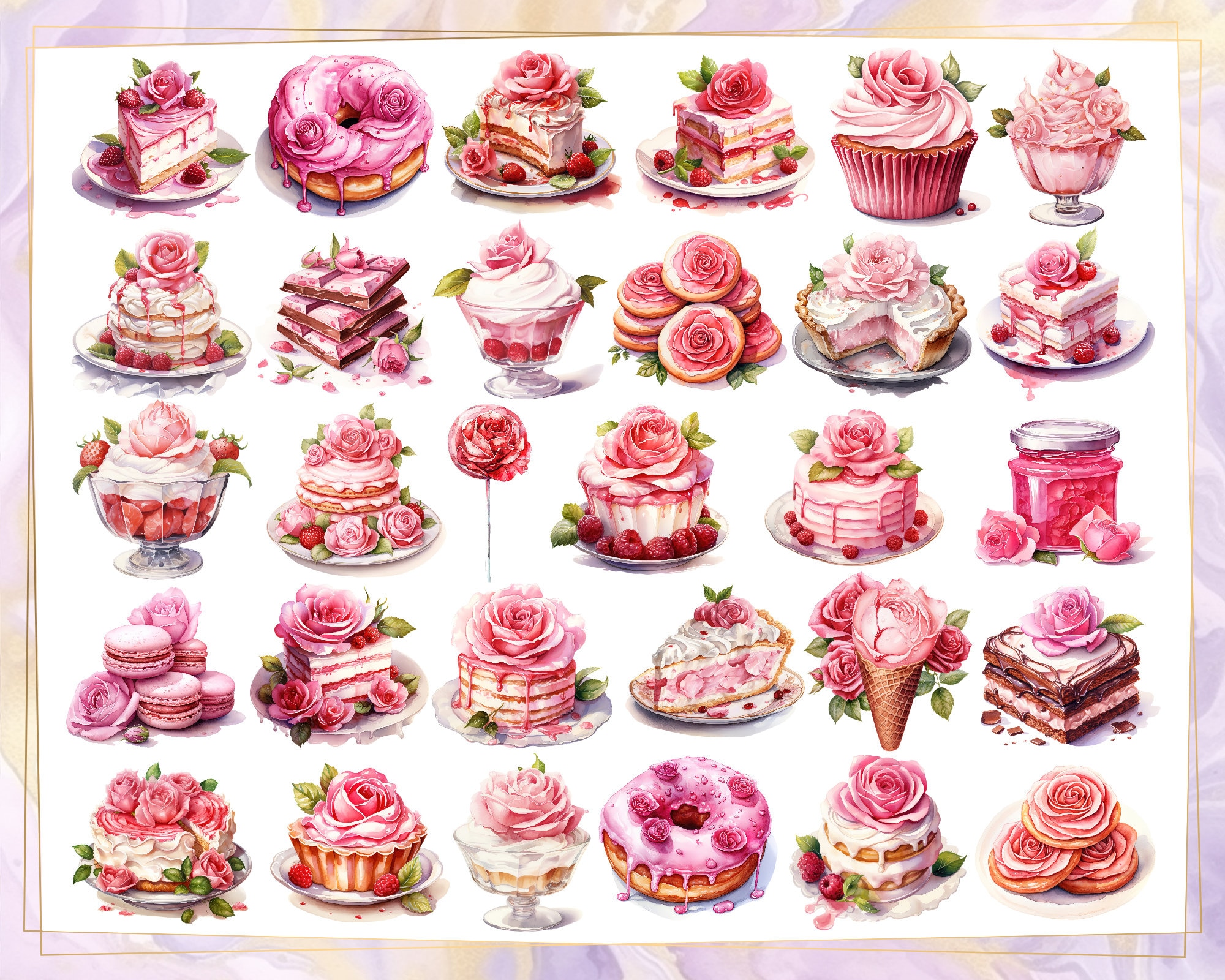 Rose Dessert Illustrations. Romantic, Valentine's Day Desserts, Pink ...