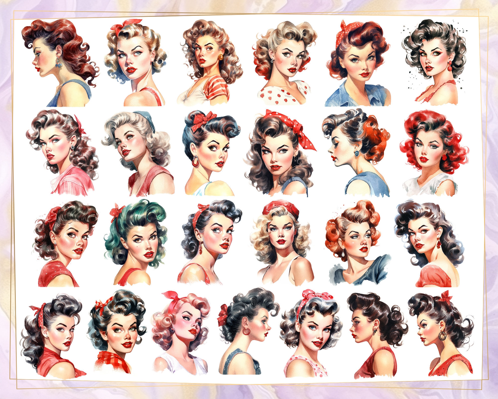 Beautiful Retro Rockabilly Pin up Girl Portraits. Watercolor ...