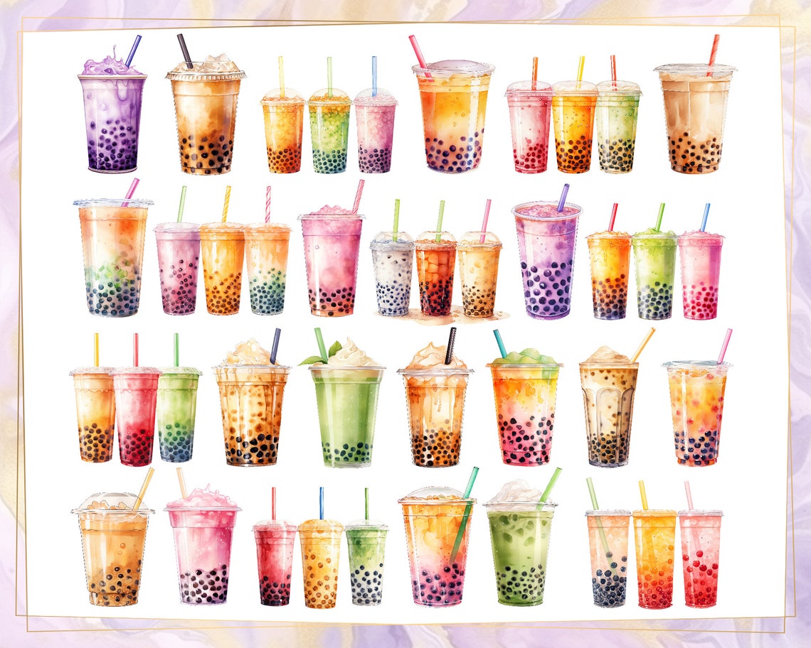 Bubble Tea. Watercolor Style Illustrations. Colorful Boba Drink, Multi ...