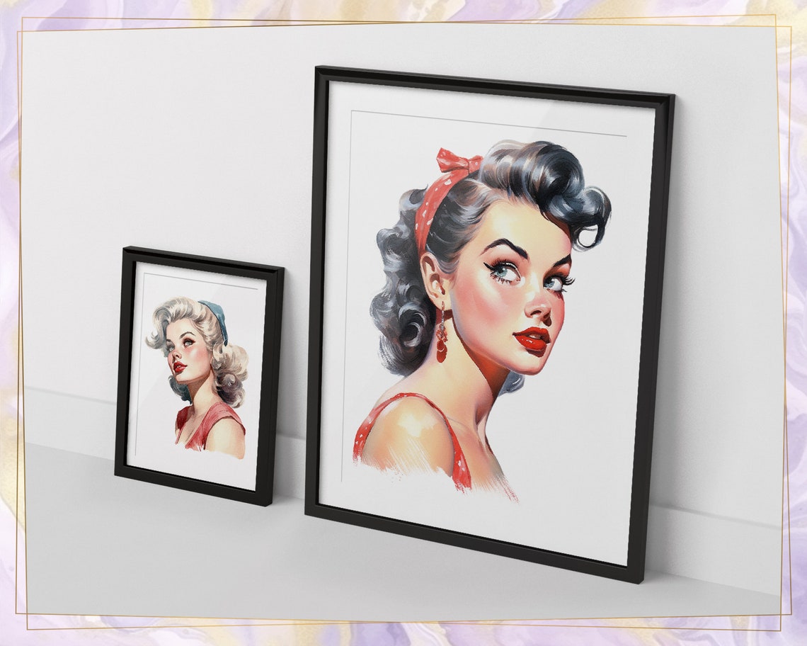 Beautiful Retro Rockabilly Pin Up Girl Portraits Watercolor Illustrations Vintage Models