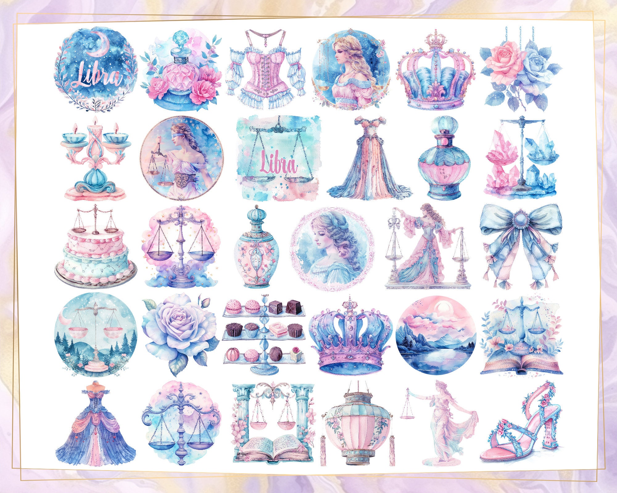 Libra Inspired Illustrations. Scales Birthday Zodiac Sign Themed ...