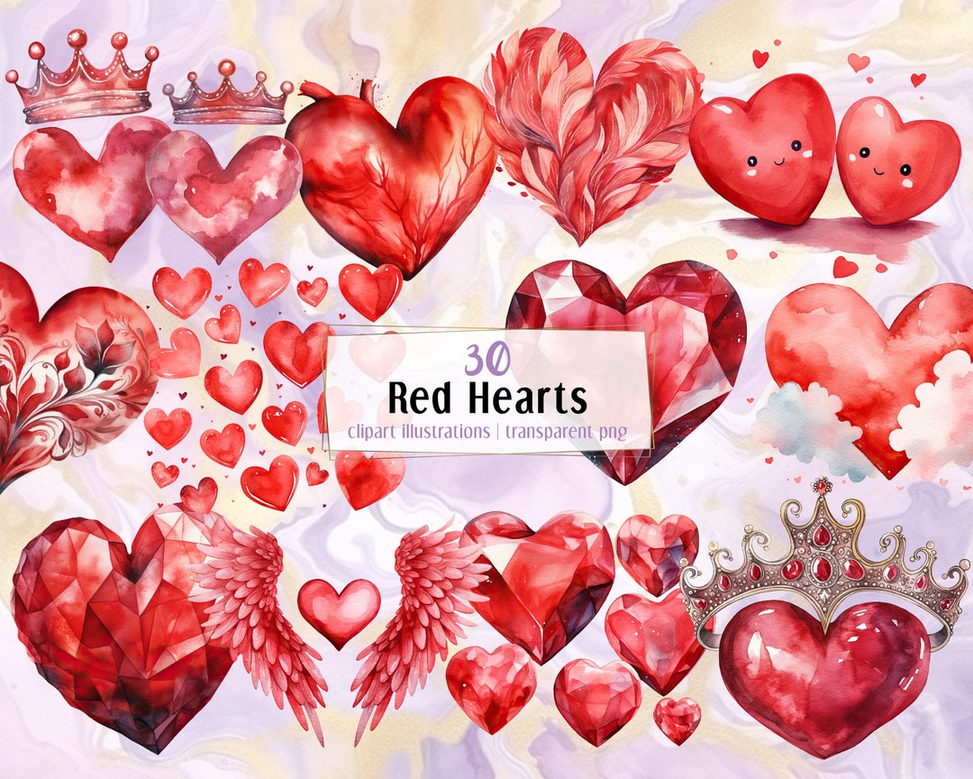 Red Hearts. Watercolor Style Illustrations. Heart Shaped Elements ...