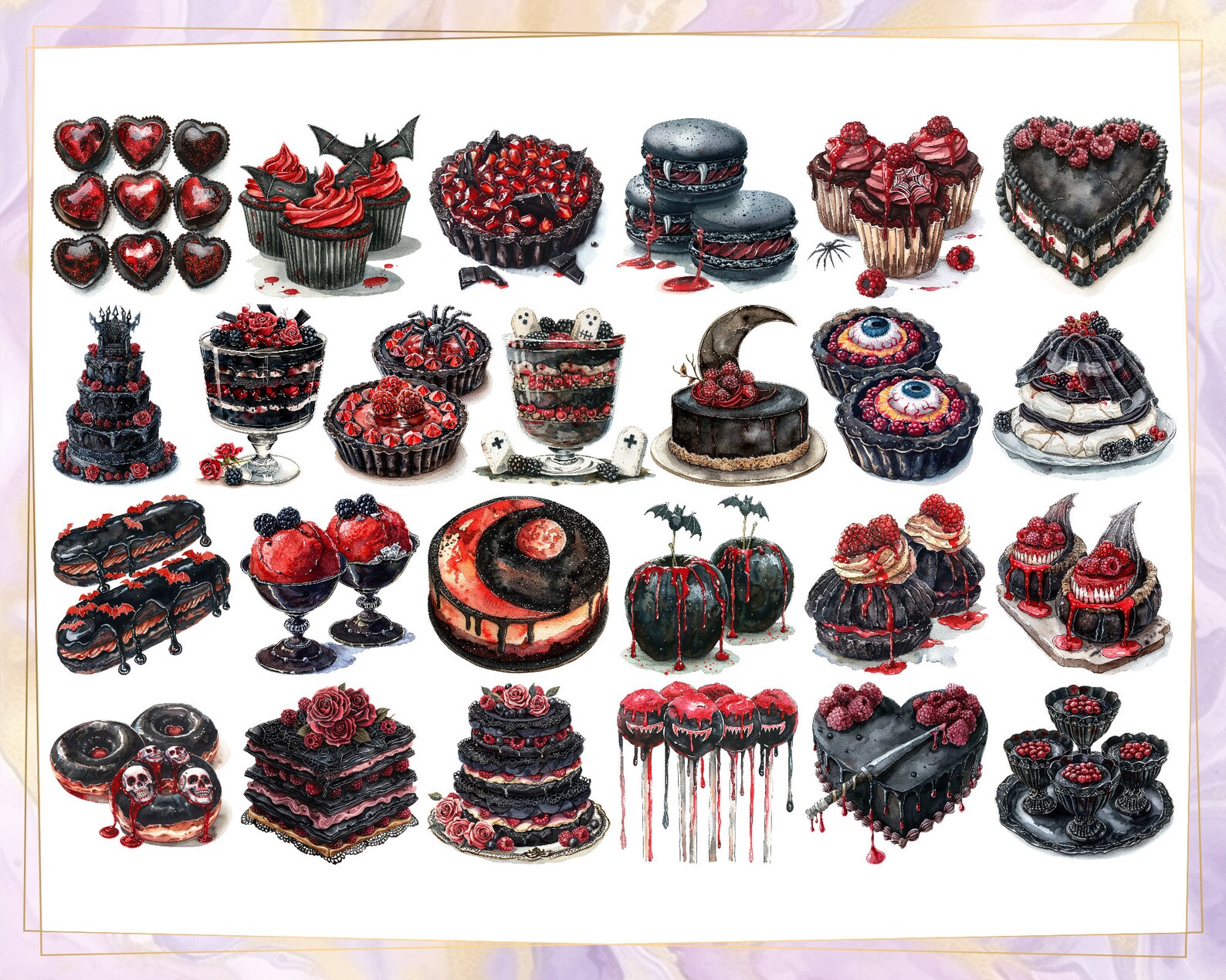 Vampiric Dessert Illustrations. Dark Gothic Style Pastry, Black and Red ...